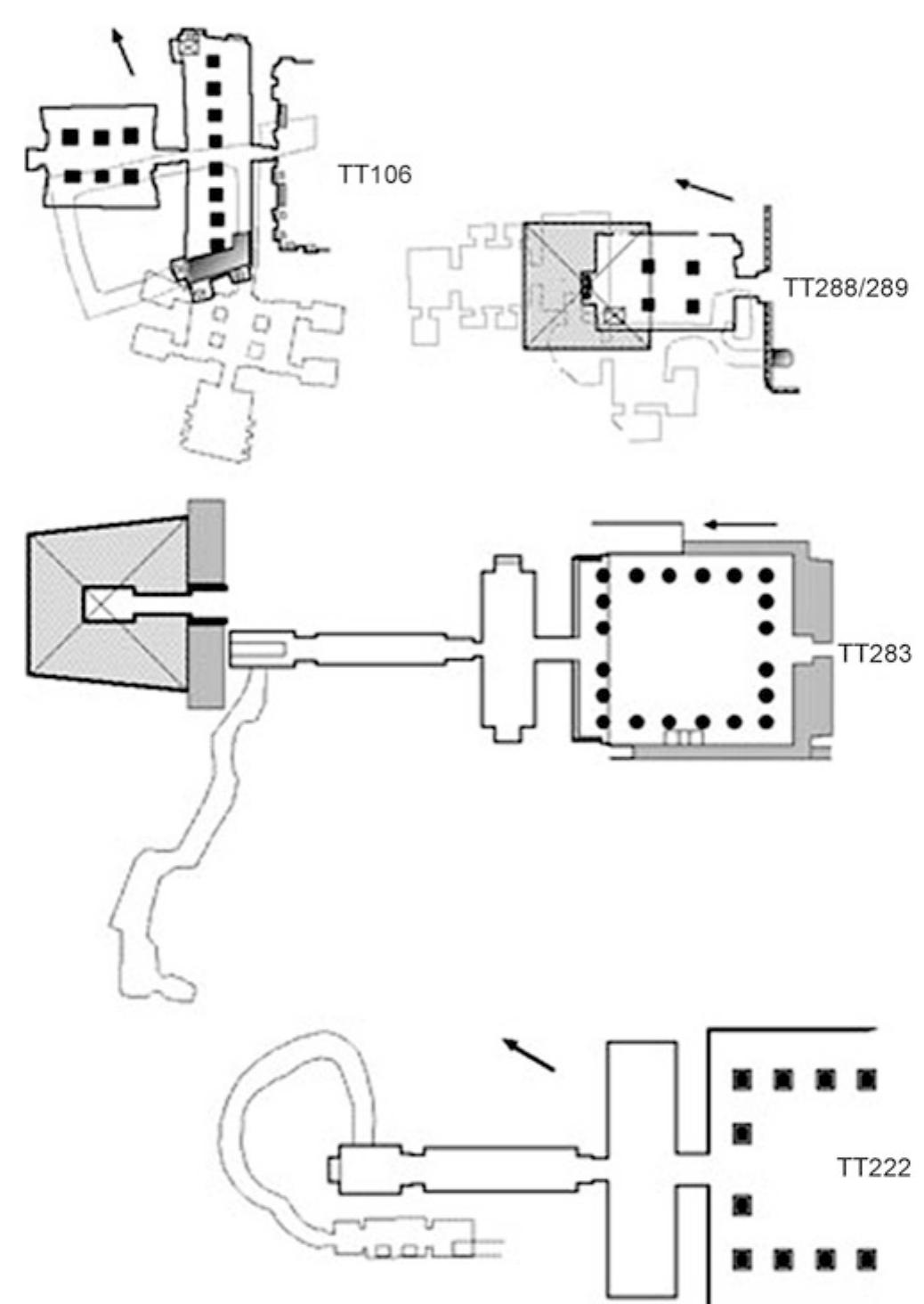 Plans of the private tombs of paser, setau, roma-roy, and