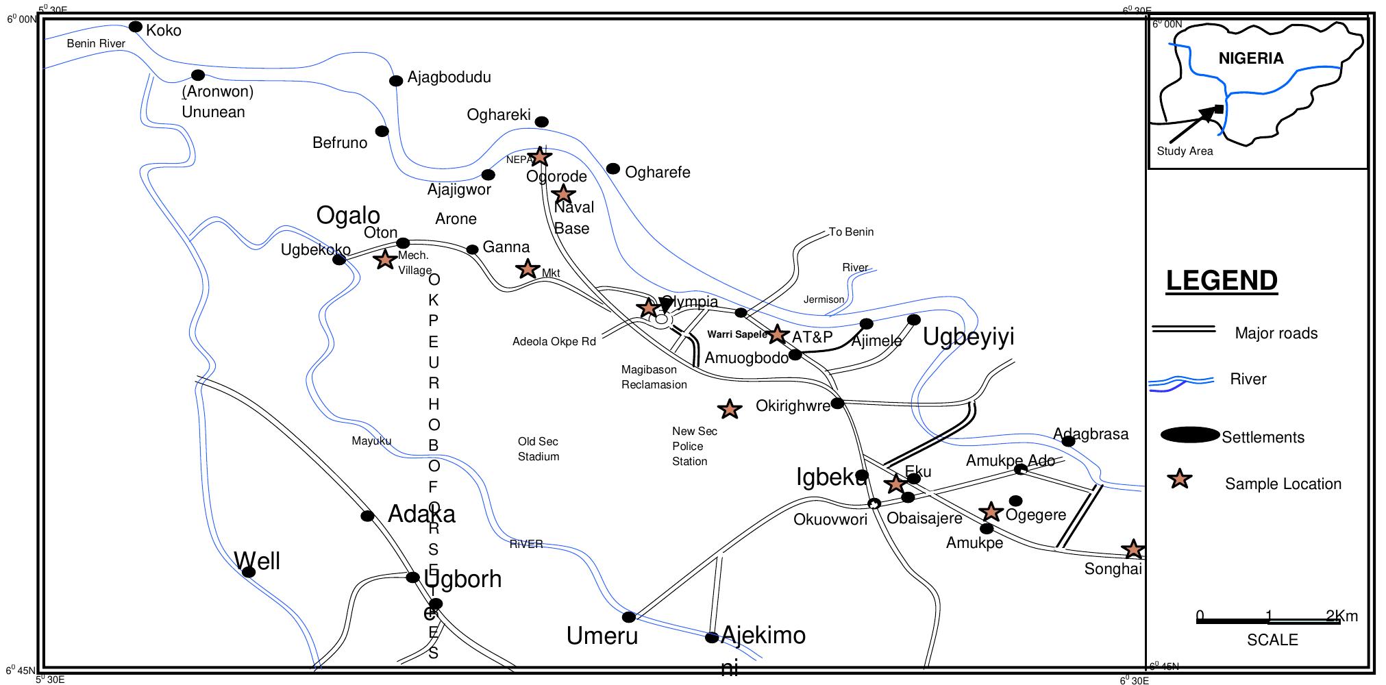 Map of sapele reflecting the various sampling locations the