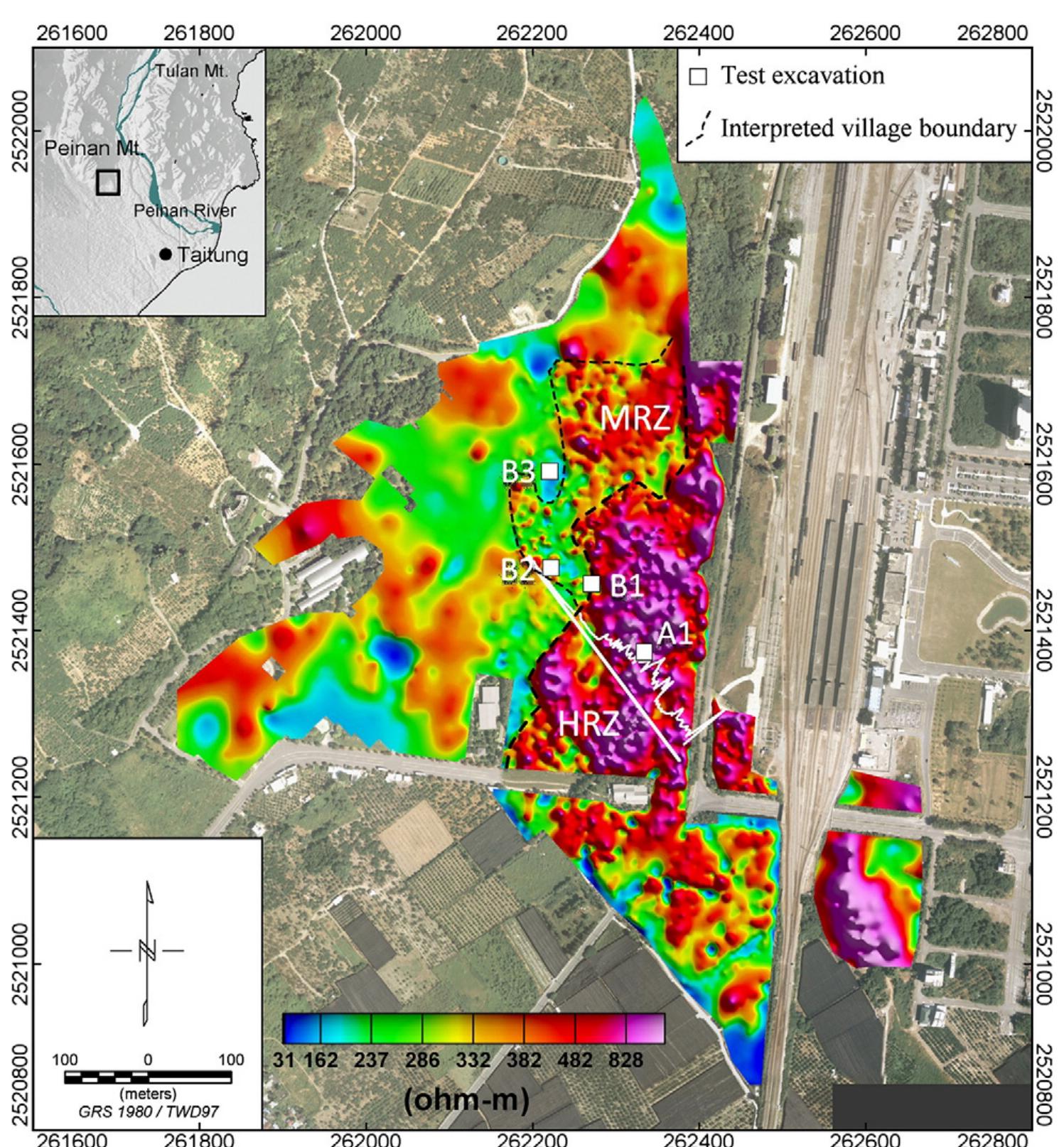 Color-shaded relief map of the ground resistivity obtained