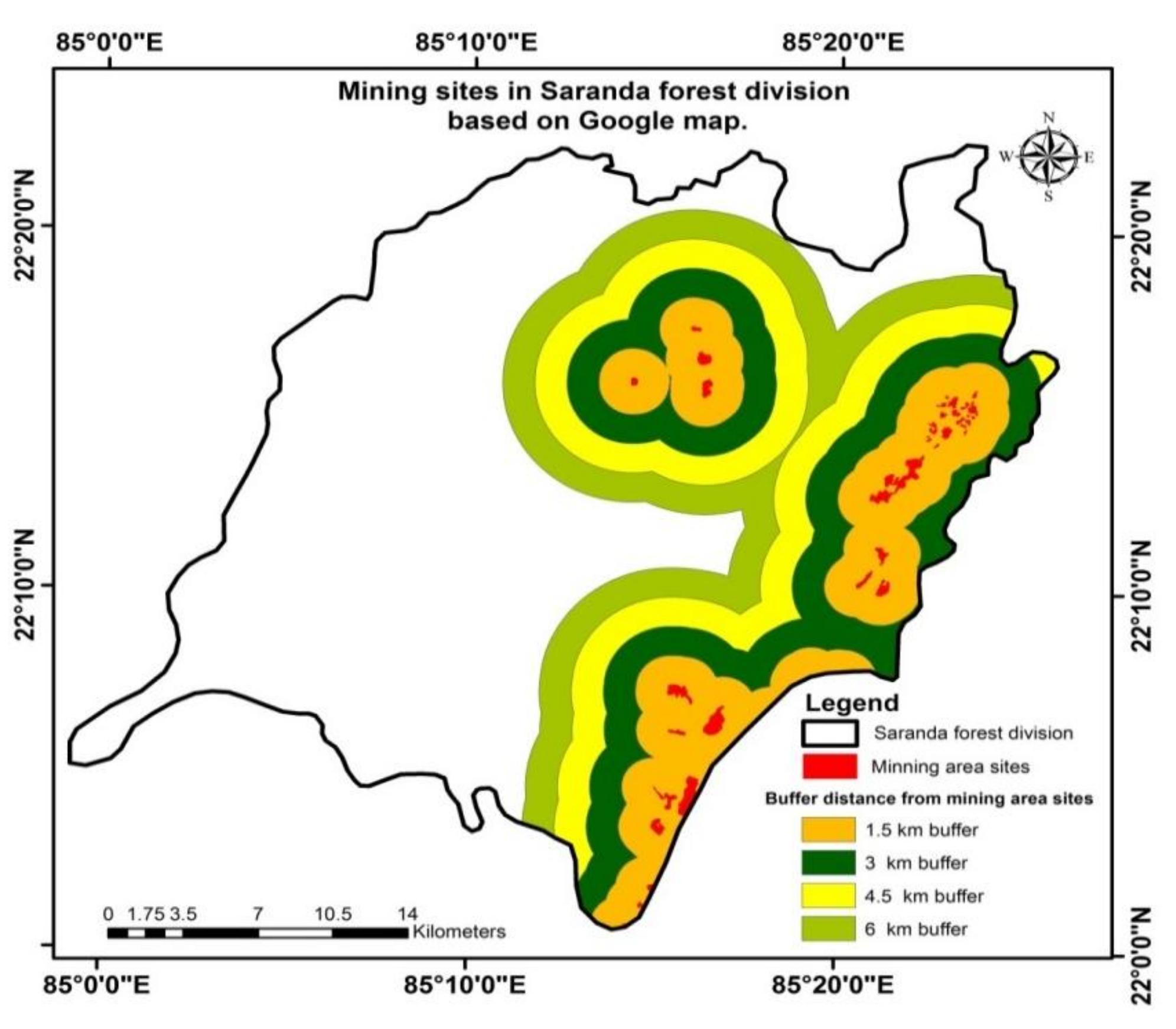 Mines sites with buffer map of saranda forest division.