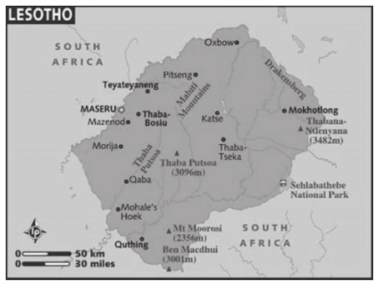 Map of lesotho showing mokhotlong in the east and morija in