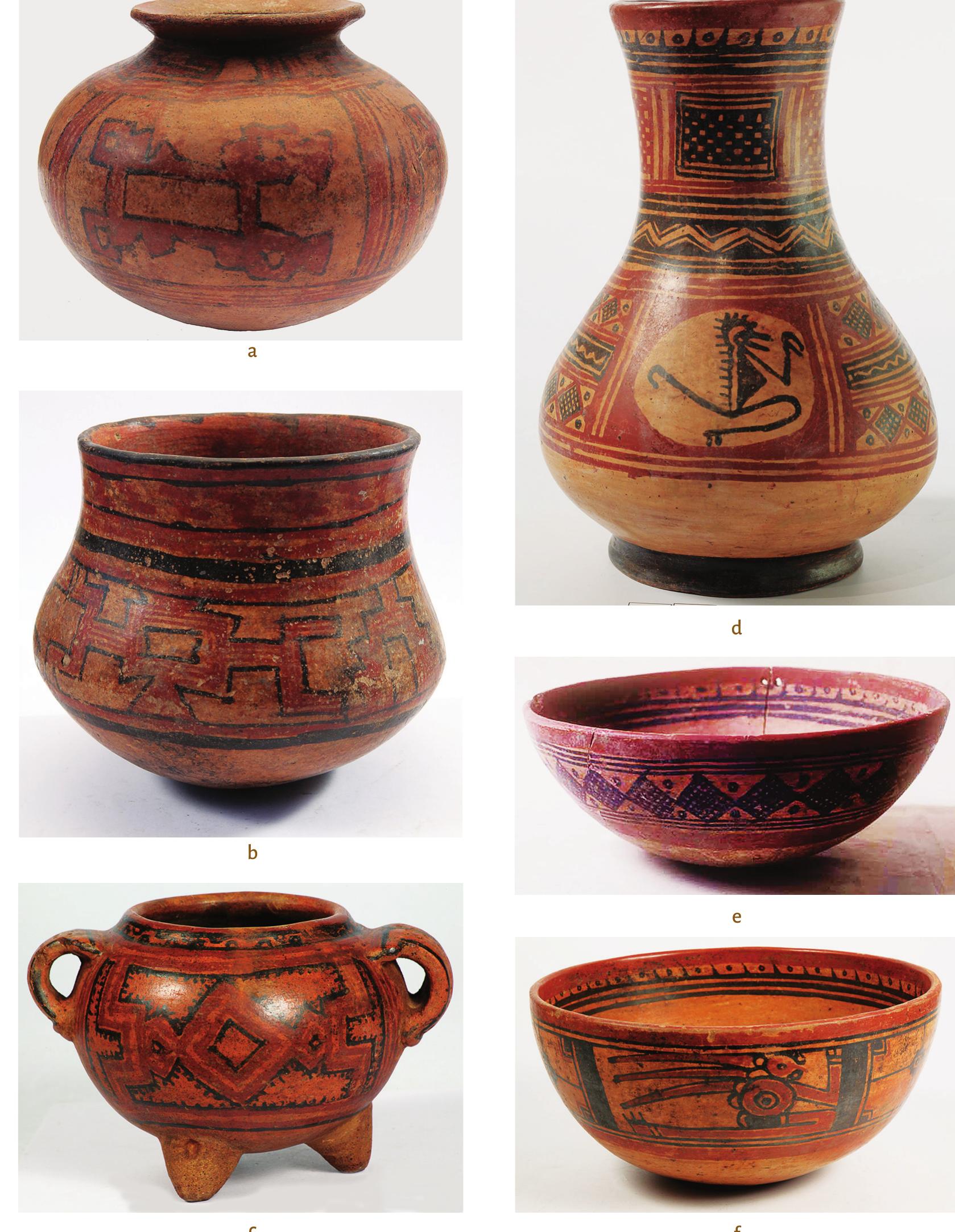 6 examples of carrillo (a, b, c) and mora polychrome (d, e,