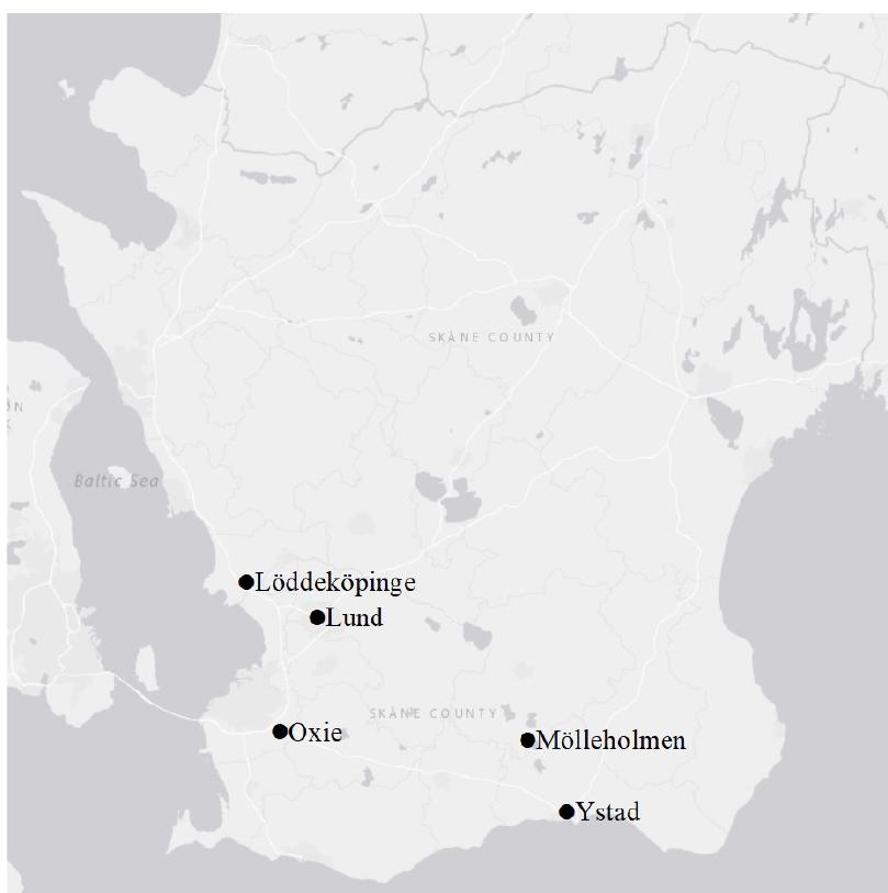 Map showing the most important locations in scania that are
