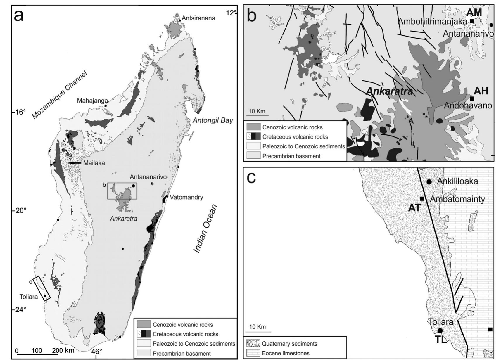 Geological sketch map of madagascar (a); insets represent