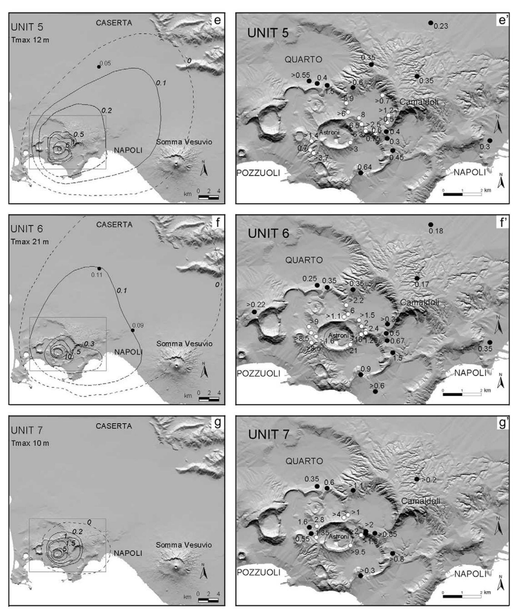 (a-g) isopach maps of the astroni units generated by using