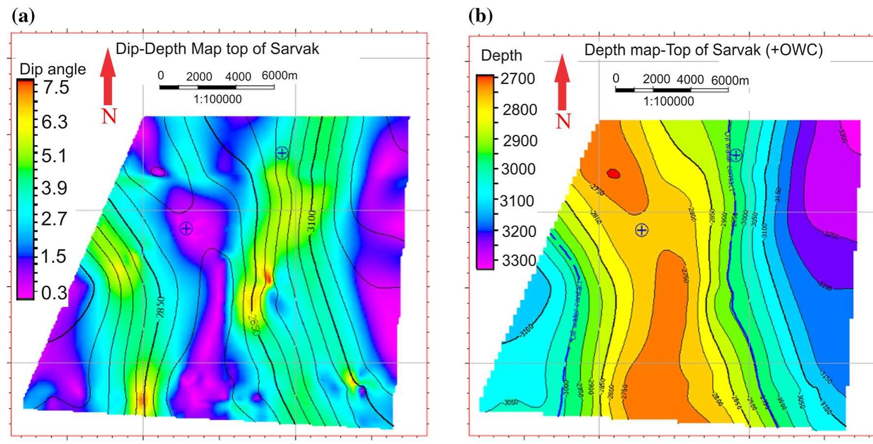 A dip depth map of top of sarvak and b depth map of top of