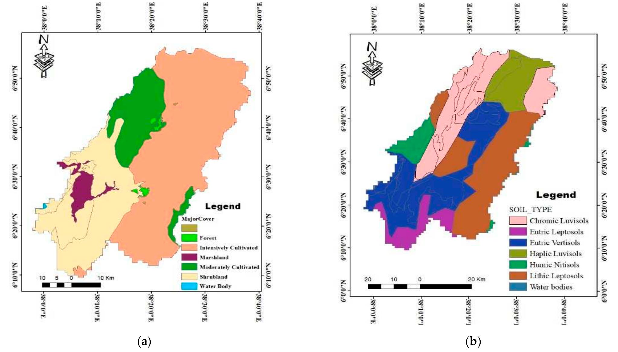 (a) gidabo lulc map; (b) gidabo soil map. in the watershed,