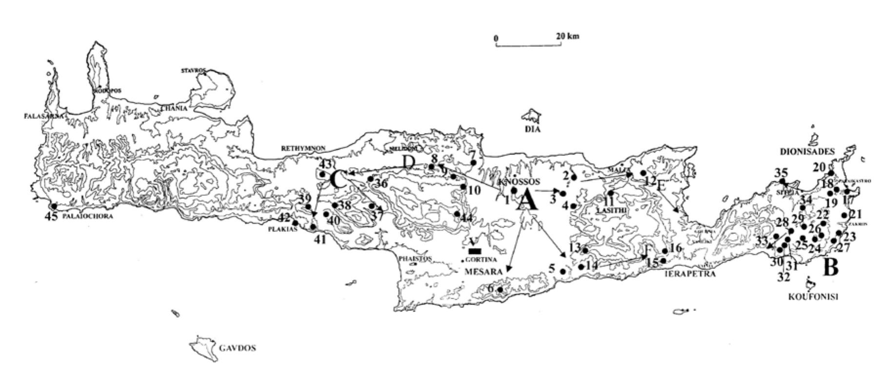 Map of crete with peak sanctuary zones (see fig. 1) and the