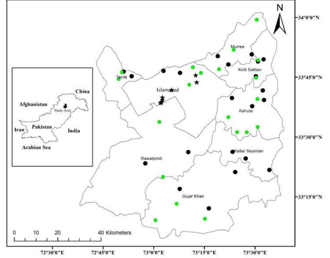 Map of the study area showing sampling (green and black