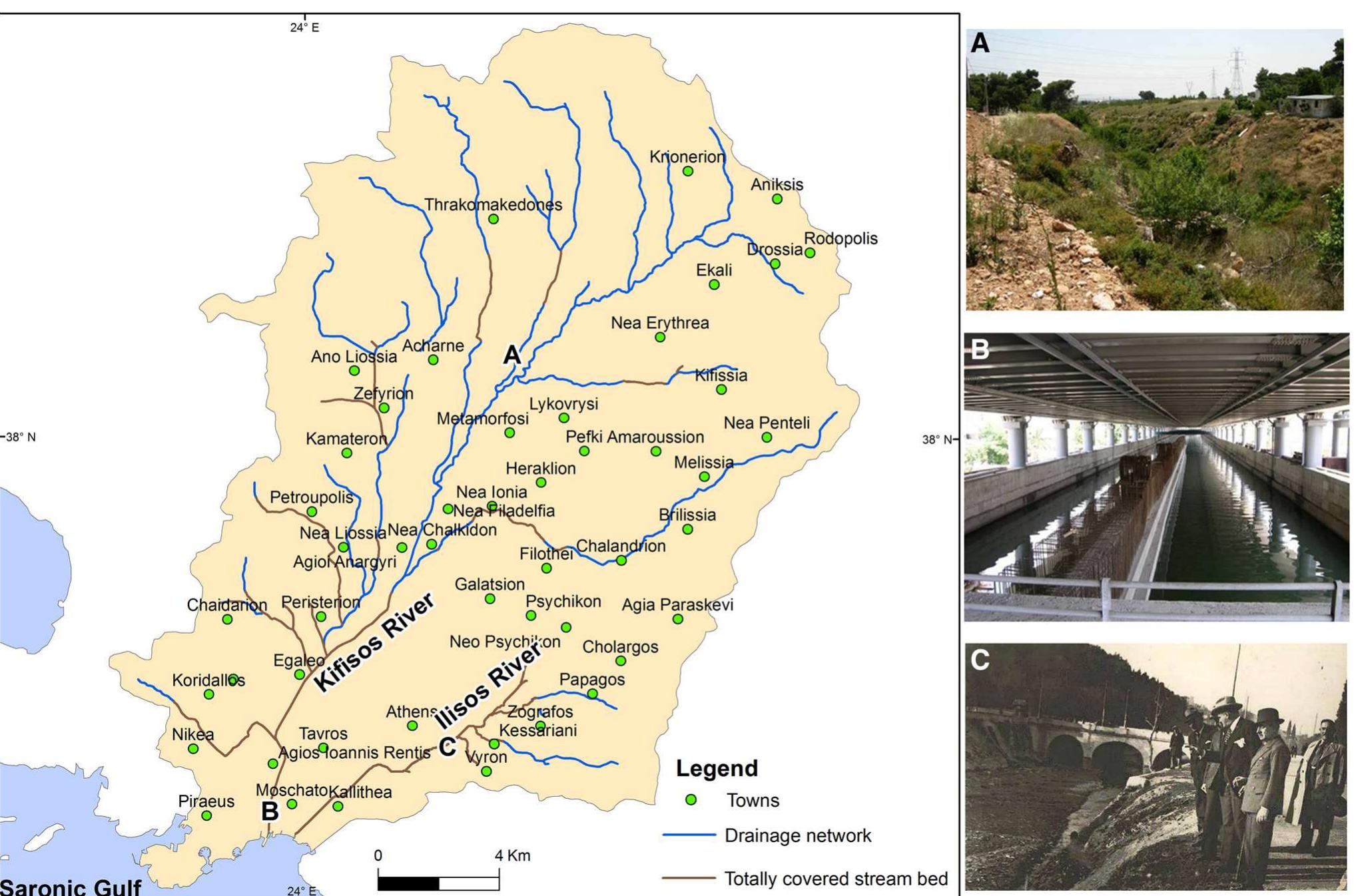 Map showing the covered (brown line) and open channel (blue)