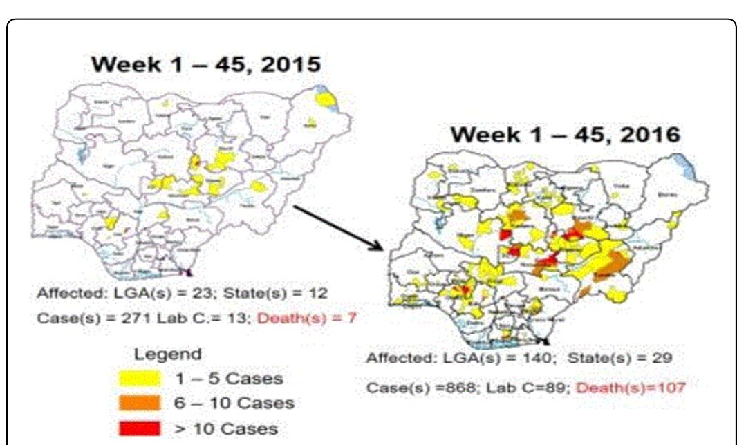 Map of nigeria showing areas (states) affected by lassa