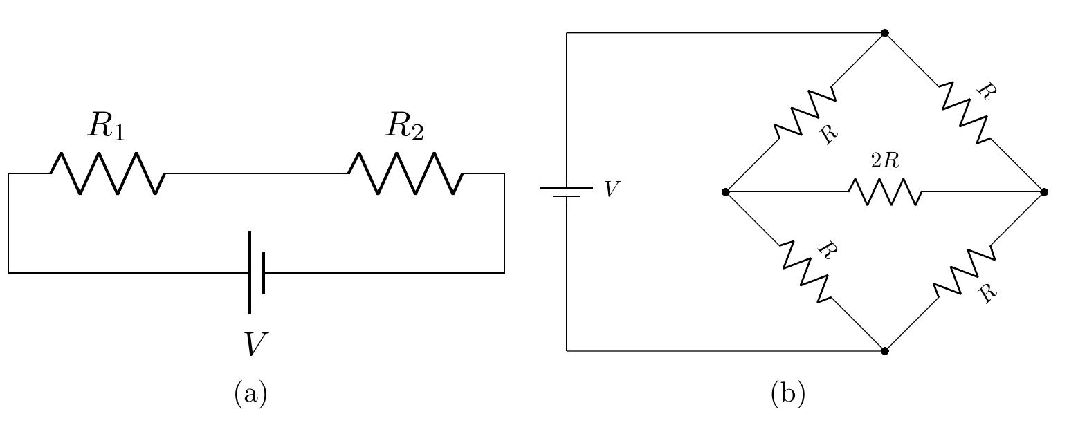 (a) two resistances in series. (b) a simple wheatstone