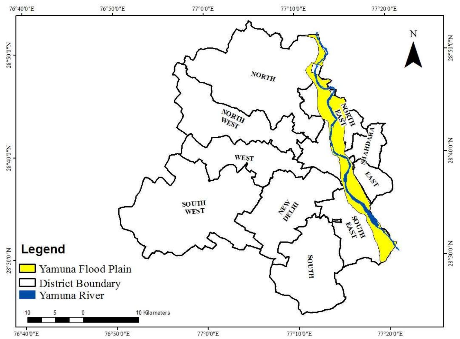 Yamuna river floodplain boundary map of study area. the