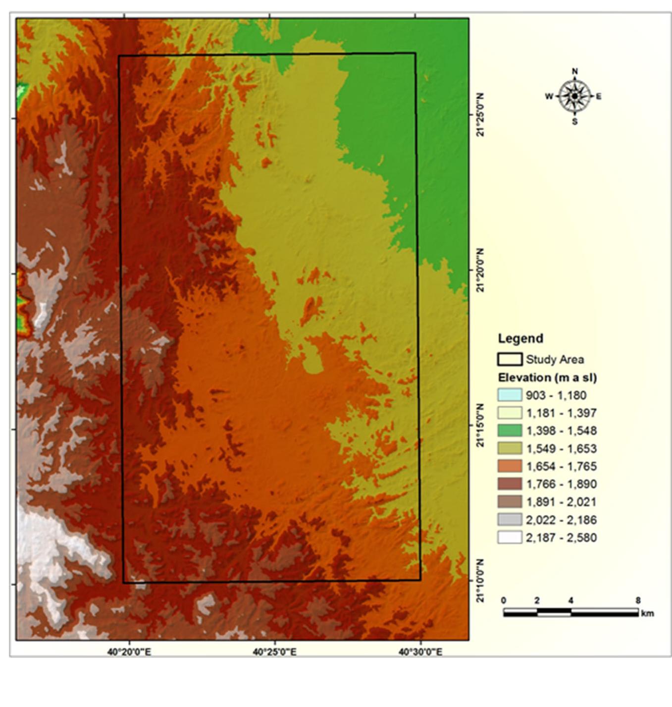The shaded relief map and fault locations for the area