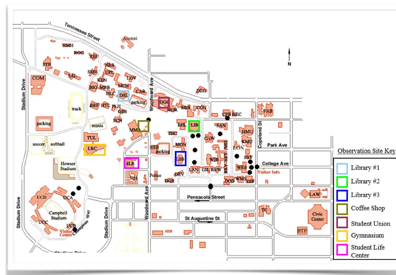 Campus map showing centralized location of observation sites