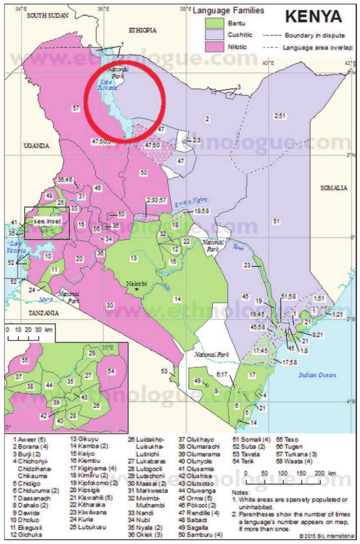 Map. language map of kenya showing the location of the