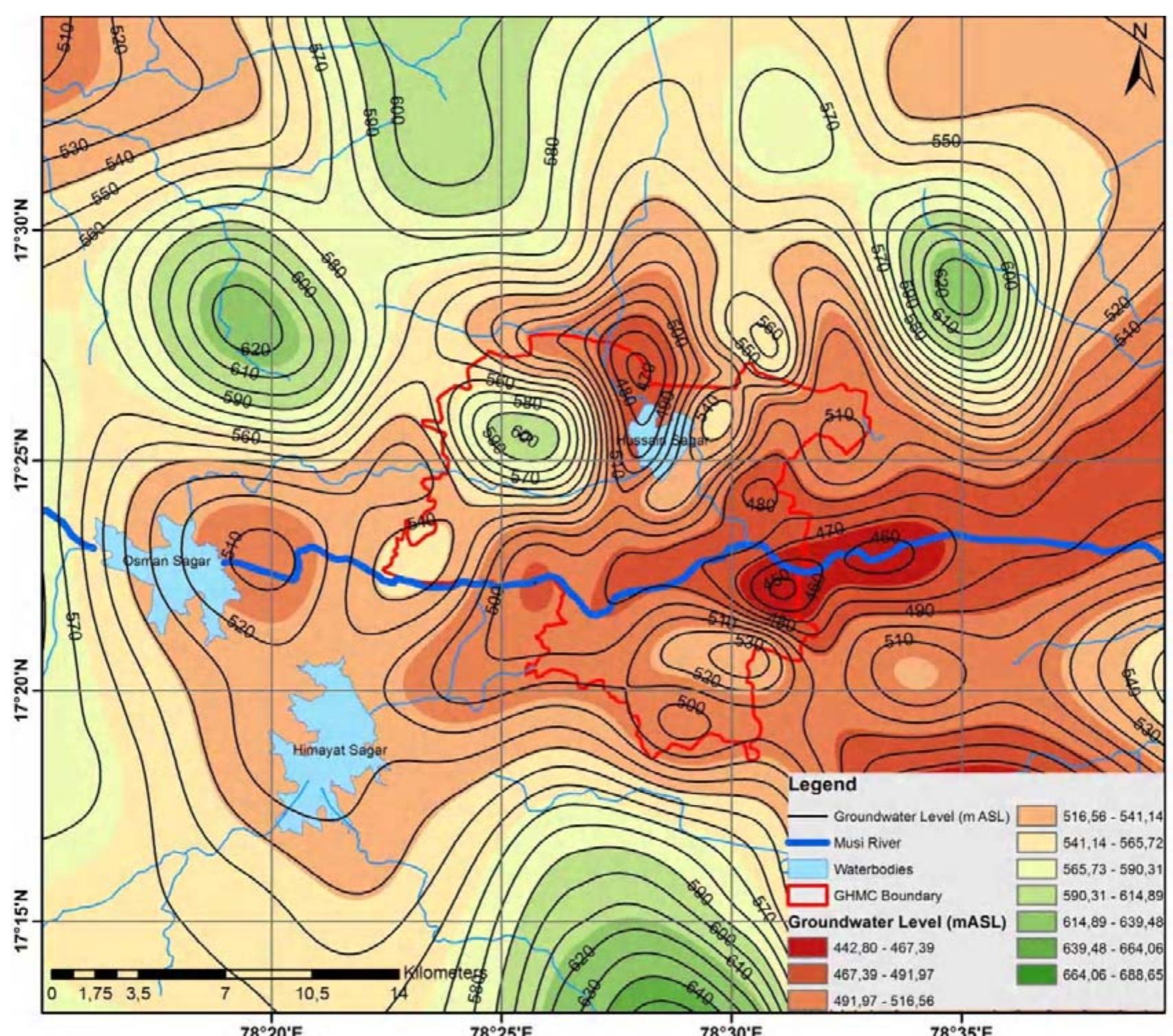 The contour map of groundwater level shown in fig. 5