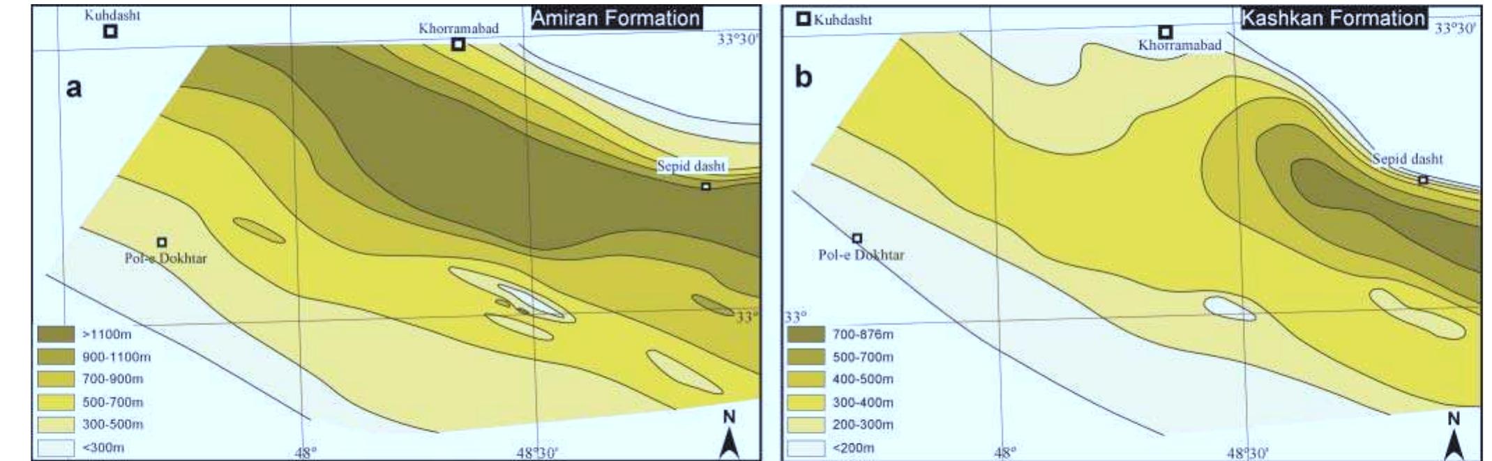 Isopach maps of the amiran (a) and kashkan (b) formations.