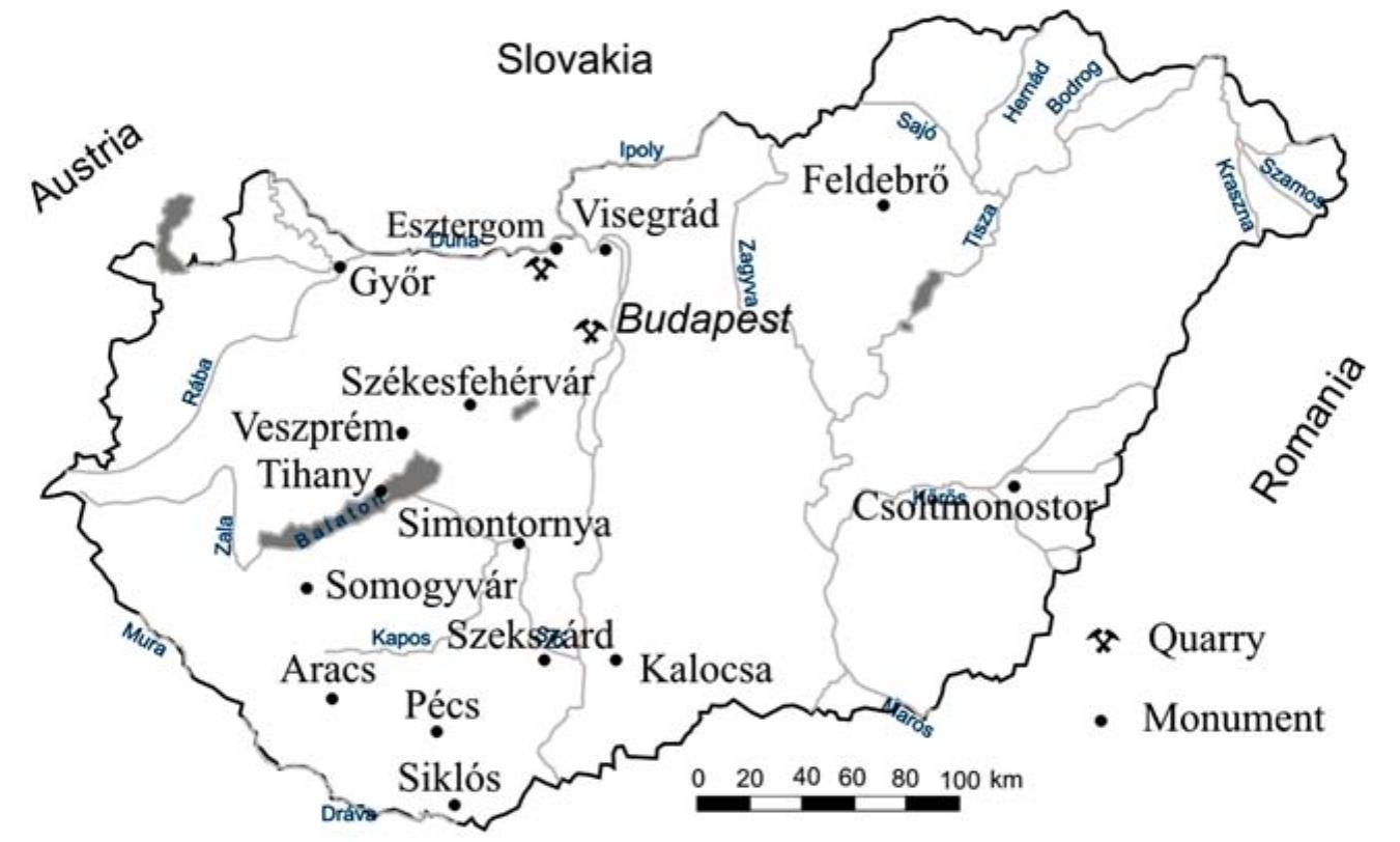 Map of hungary showing travertine quarries and localities