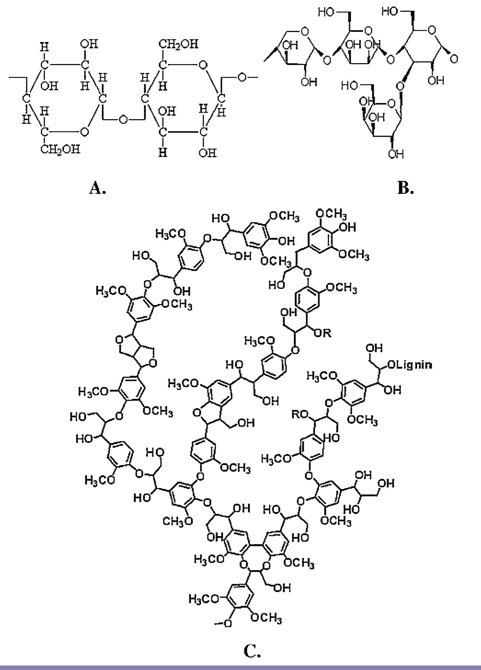 Chemical structures of a- cellulose, b- hemicellulose, and