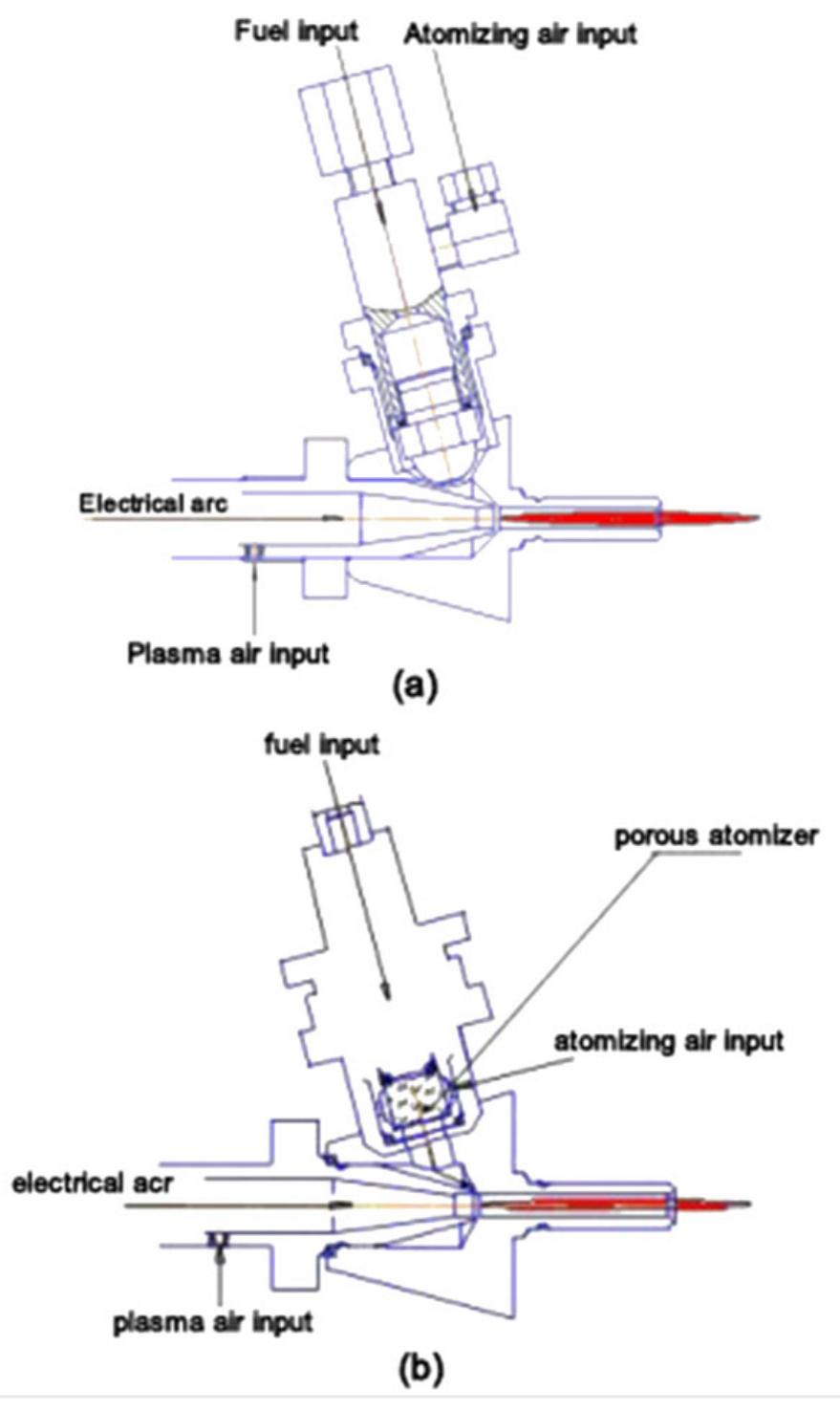 Plasma fuel nozzle designs with conventional centrifugal