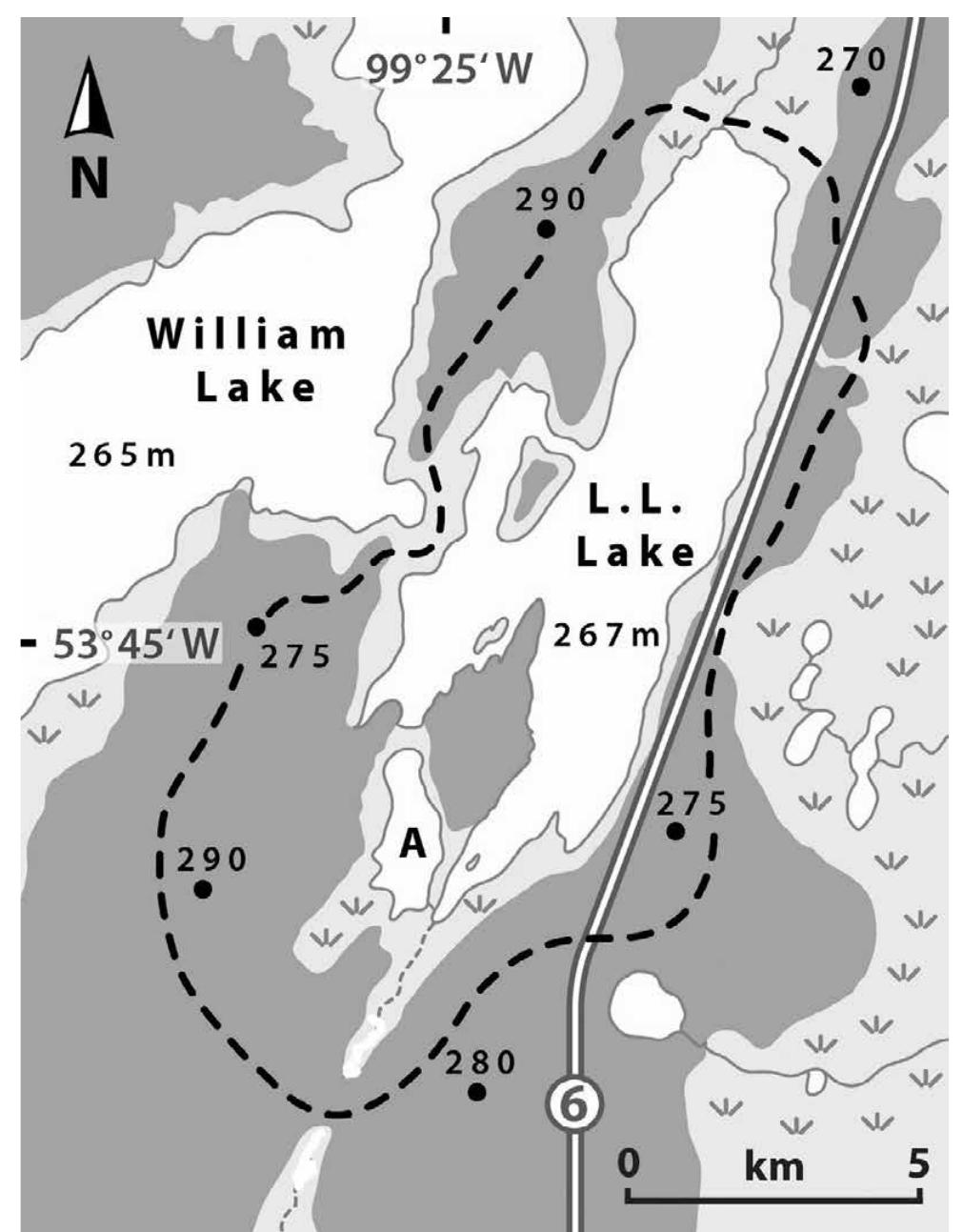 Sketch map of little limestone lake. the watershed is shown