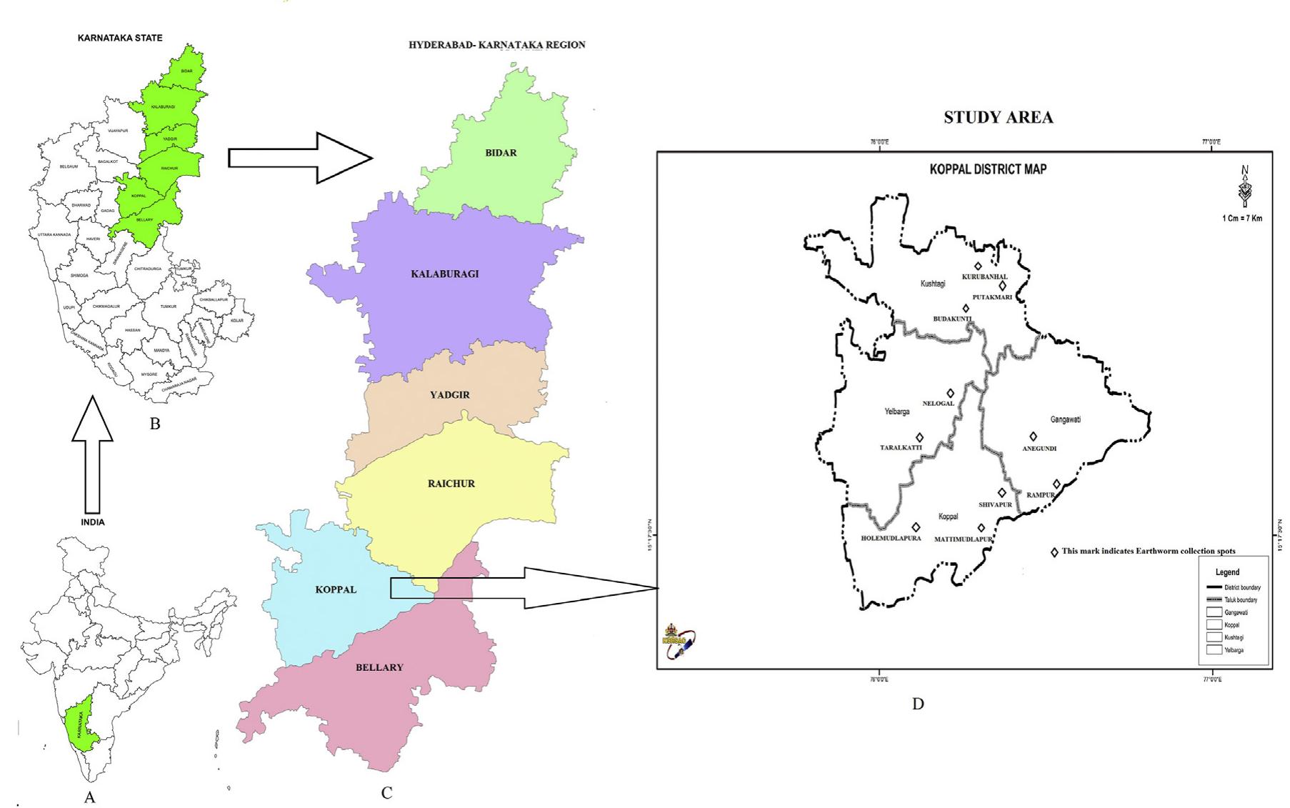 A, map of india; b, map of karnataka state; c, map of