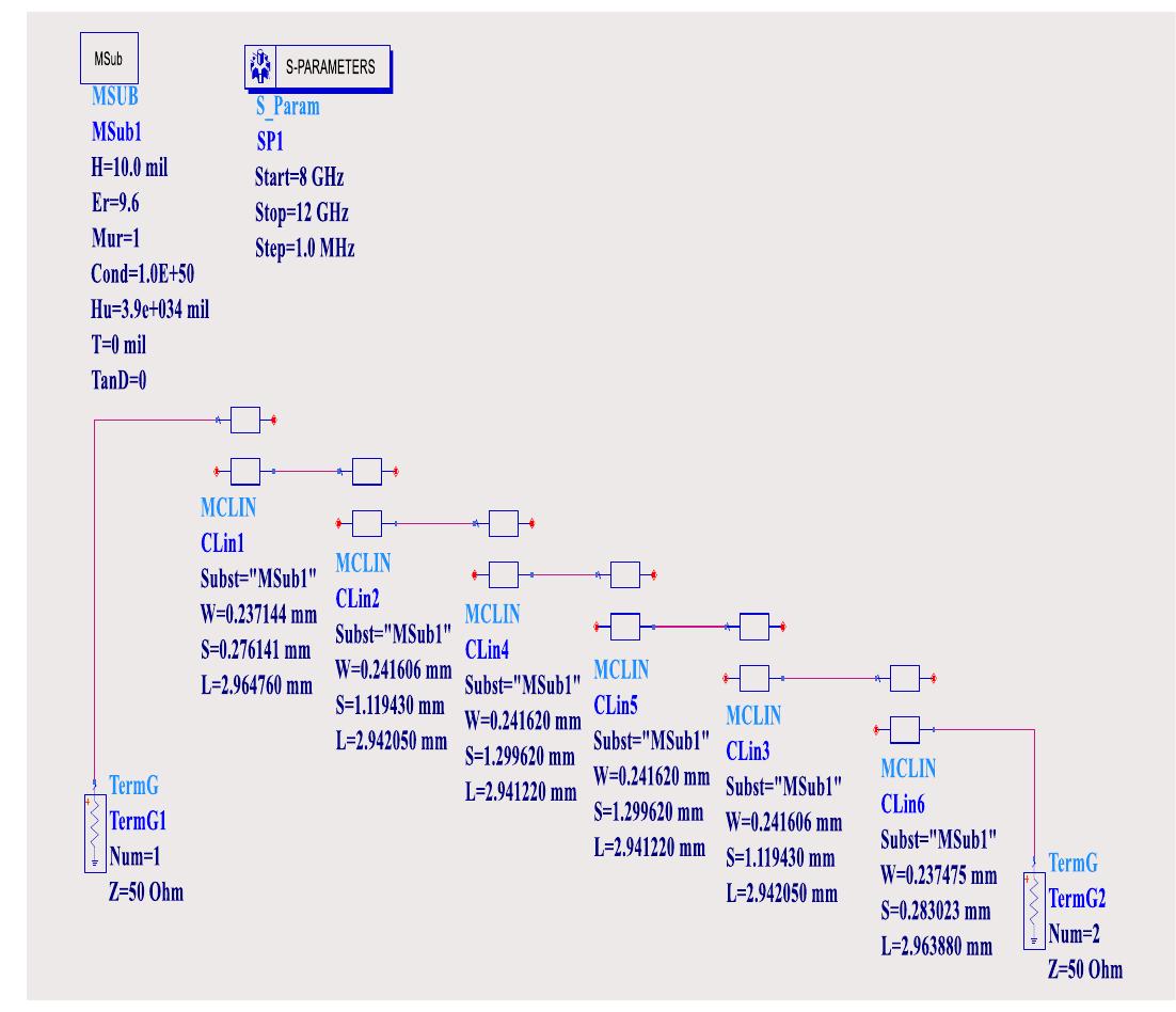 Simulation of a microstrip coupled line band-pass filter