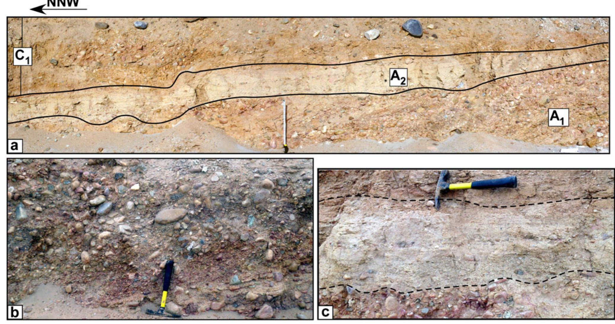 Planar horizontal laminated sandstones of a> facies. b and