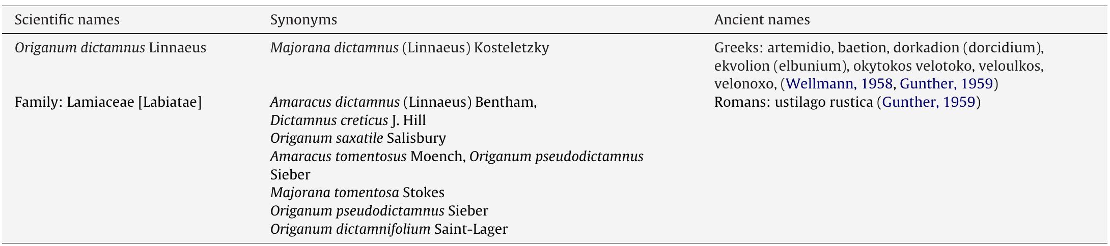 Botanical synonyms, vernacular and ancient names of dittany.
