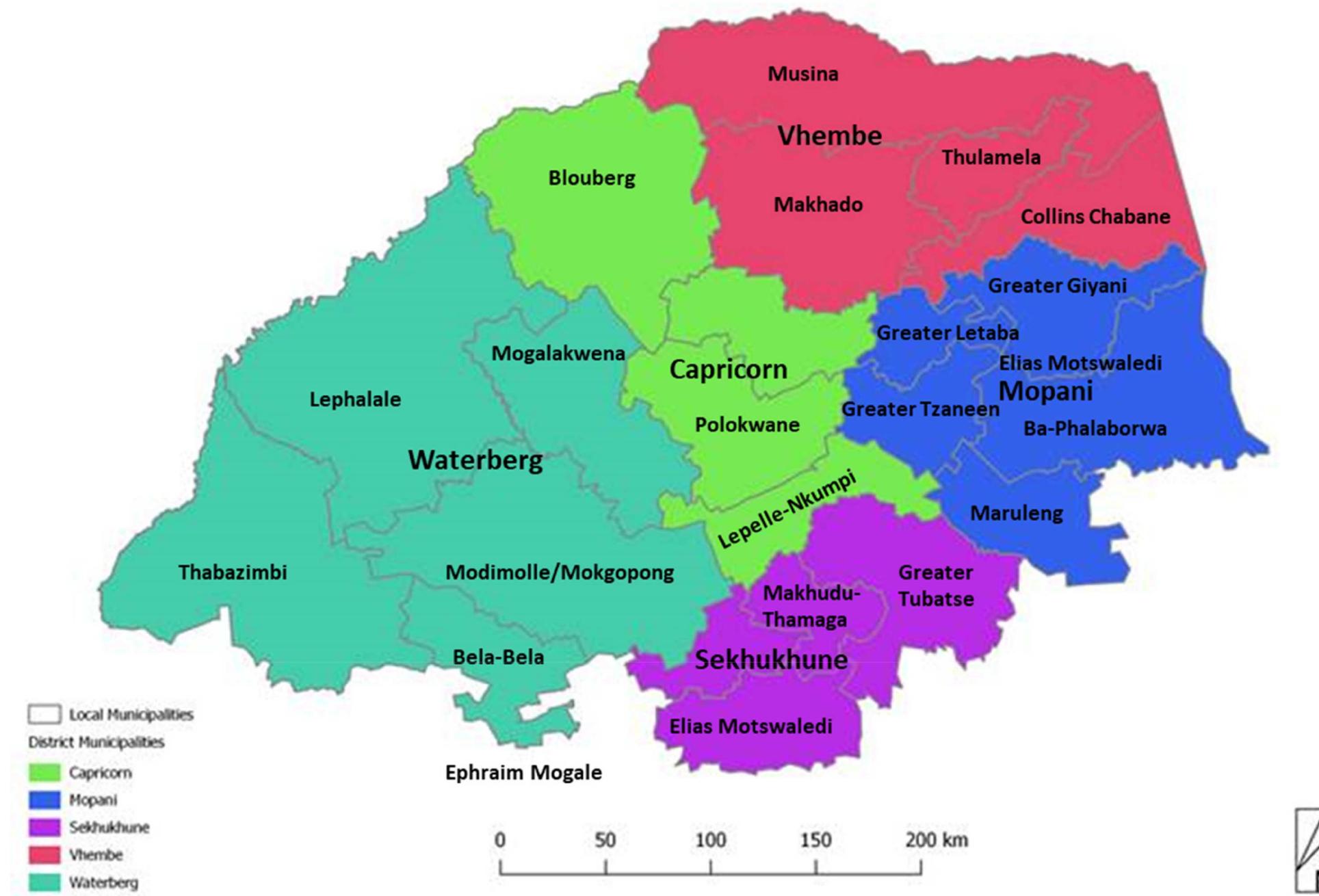 Map of the limpopo province showing the districts within the