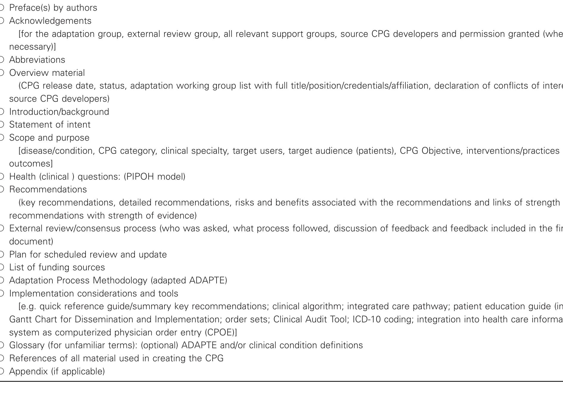 Checklist of the adapted cpg contents: modified from the