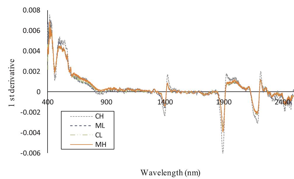 Average first derivative spectra of four different soil