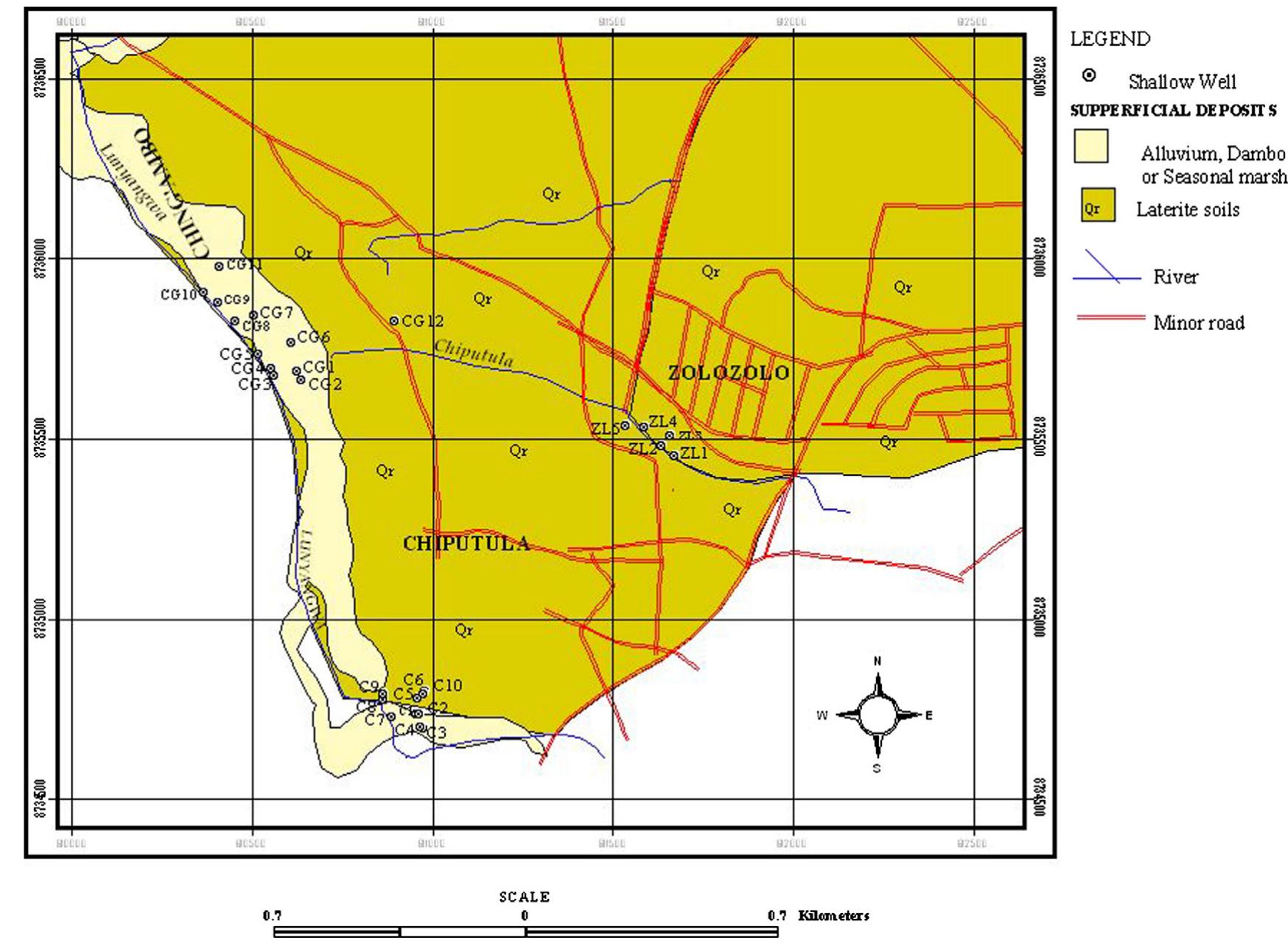 Map of mzuzu city showing geology and sampled sites.