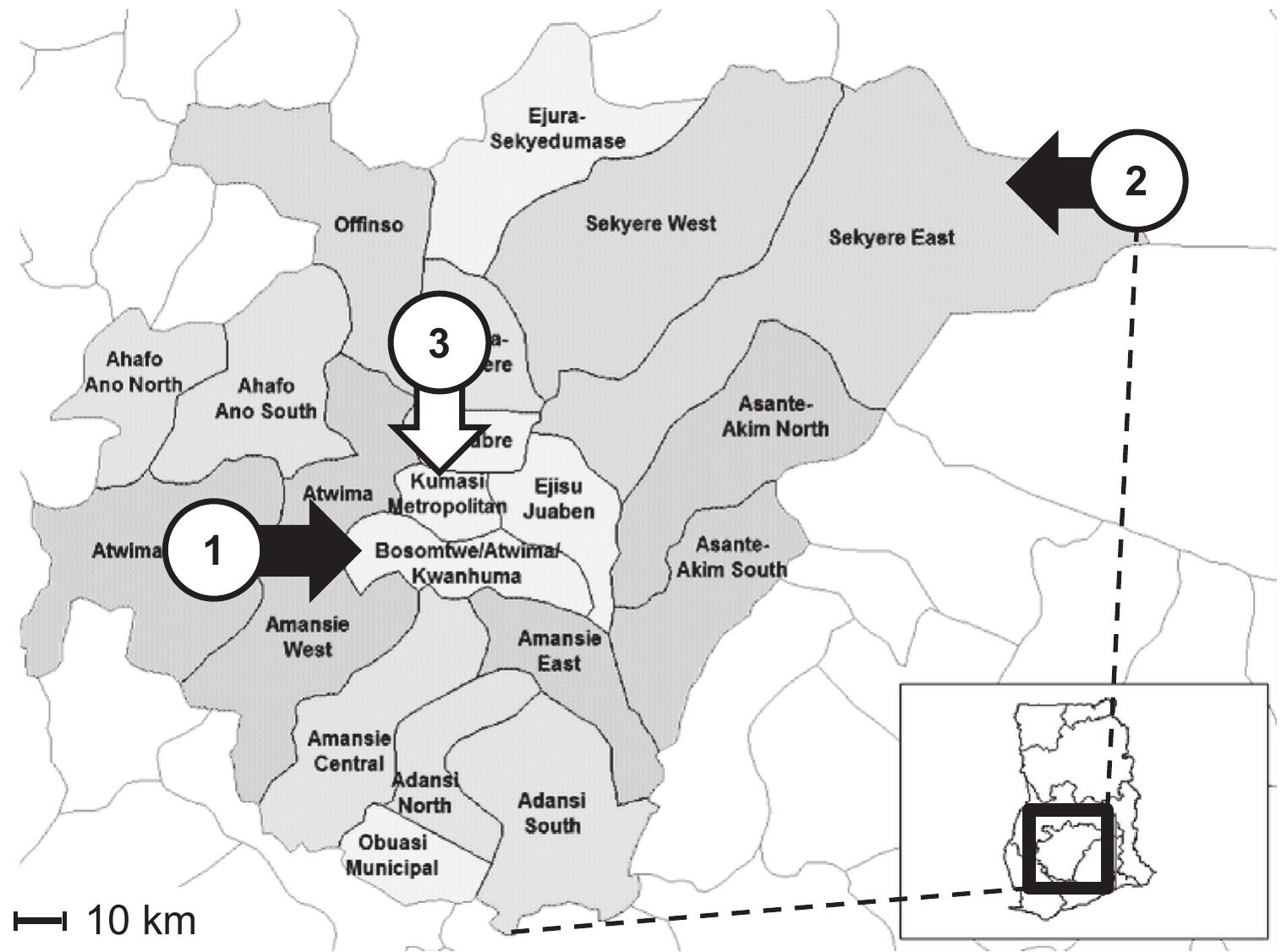 District map of ashanti region, ghana, showing the study