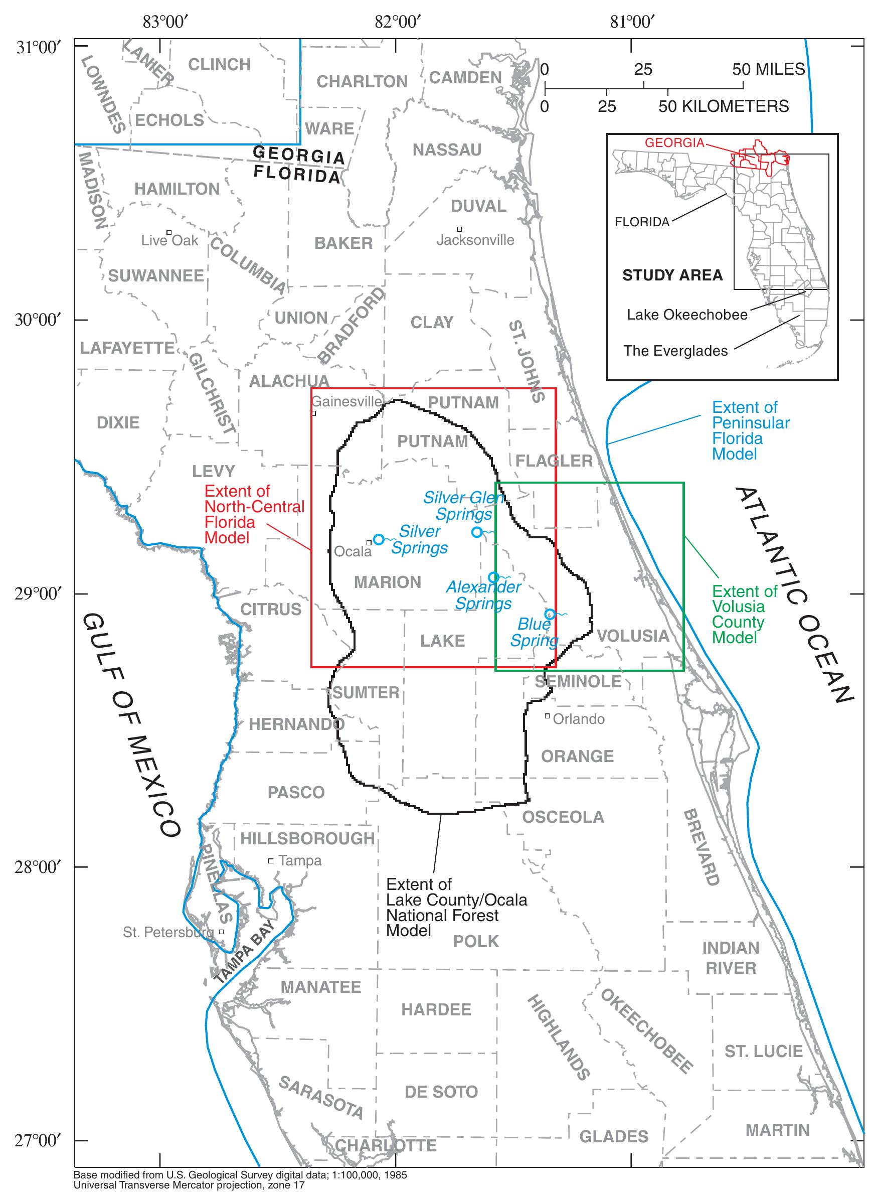 Extent of the study area, ground-water flow models, and