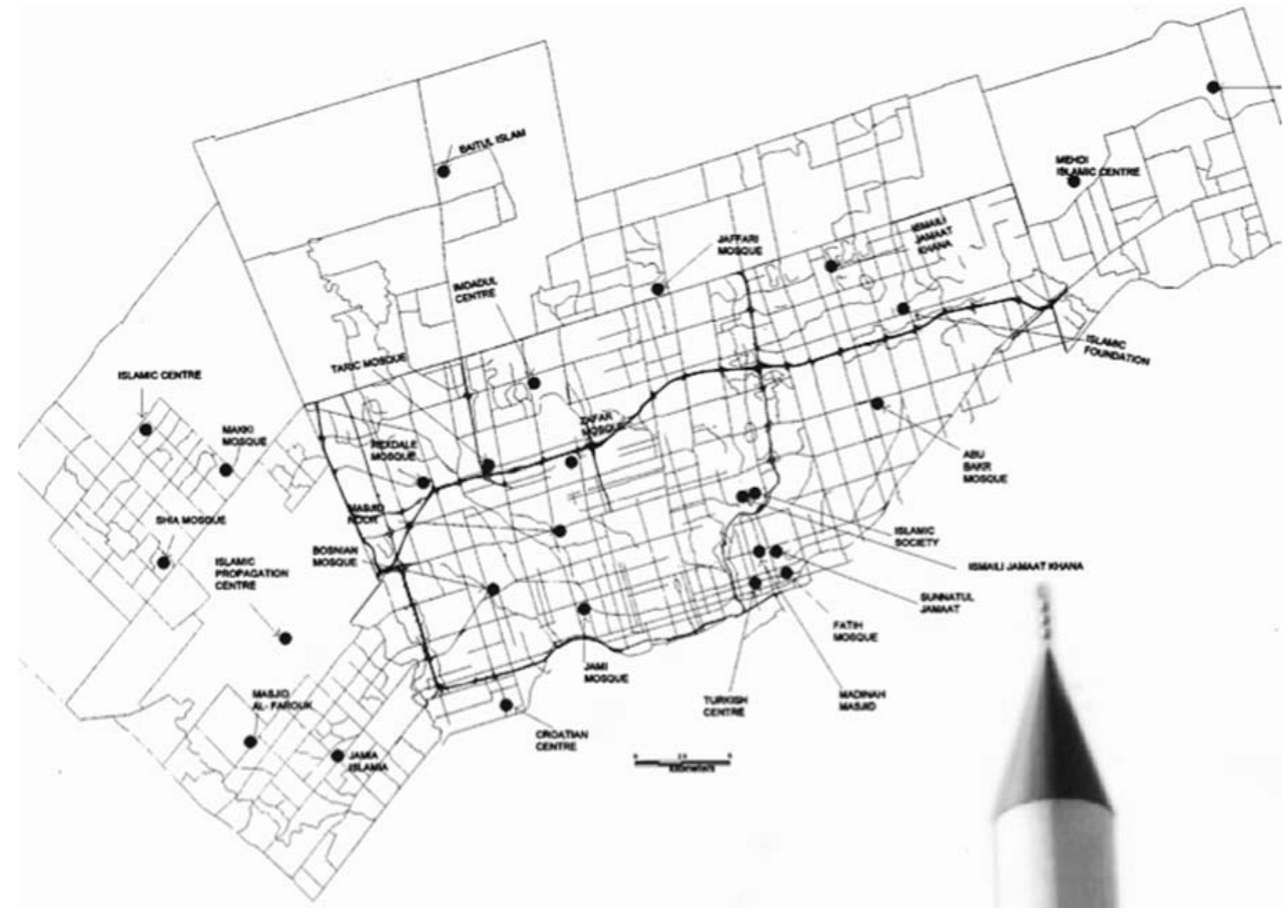 1 map of toronto area urban mosques. (drawing courtesy of