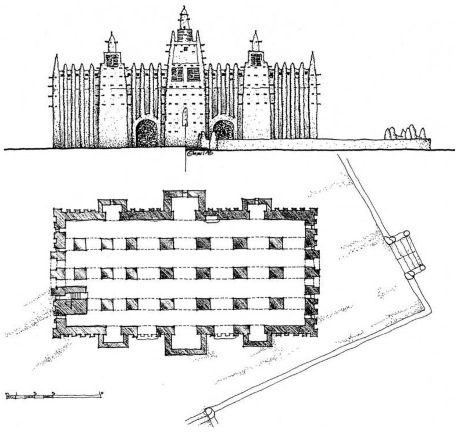 26 plan and section of a west african mosque, mopti, mali.