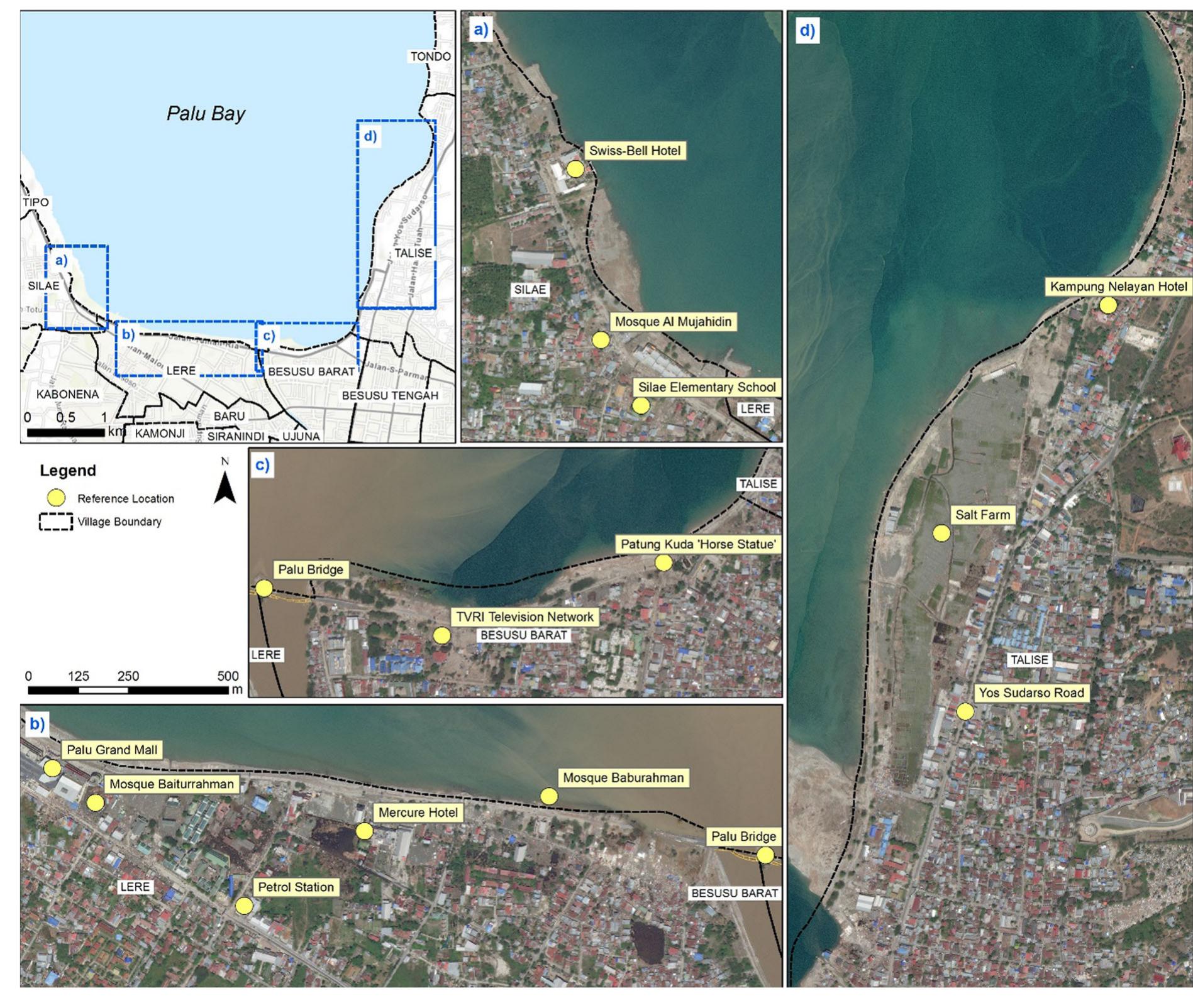 Map showing reference locations and village boundaries for