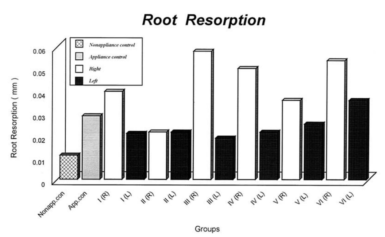 Mean root surface resorption (mesial and distal surfaces).
