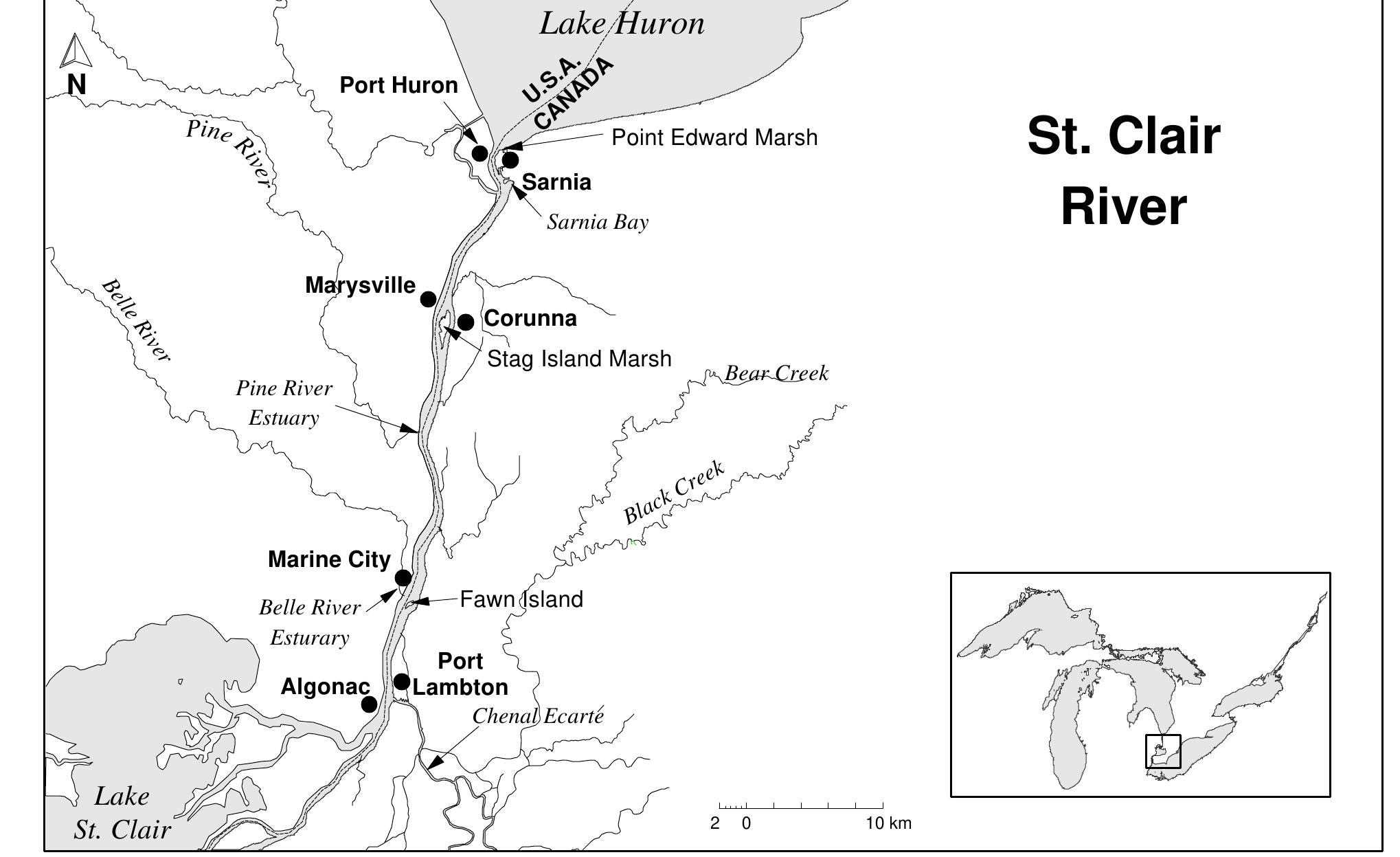 Map of the st. clair river between lake huron at sarnia-port
