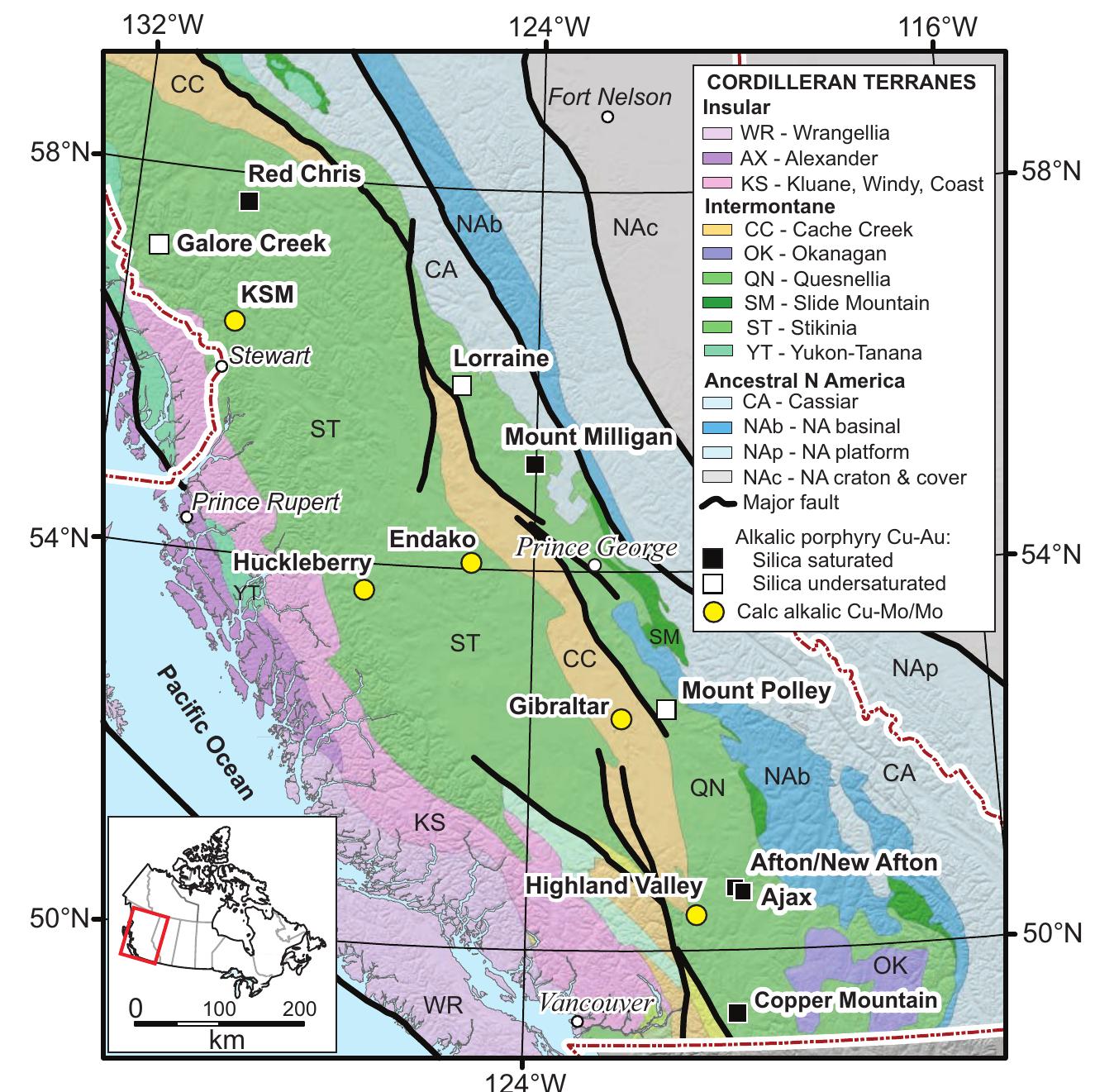 Location map showing cordilleran terranes and major porphyry