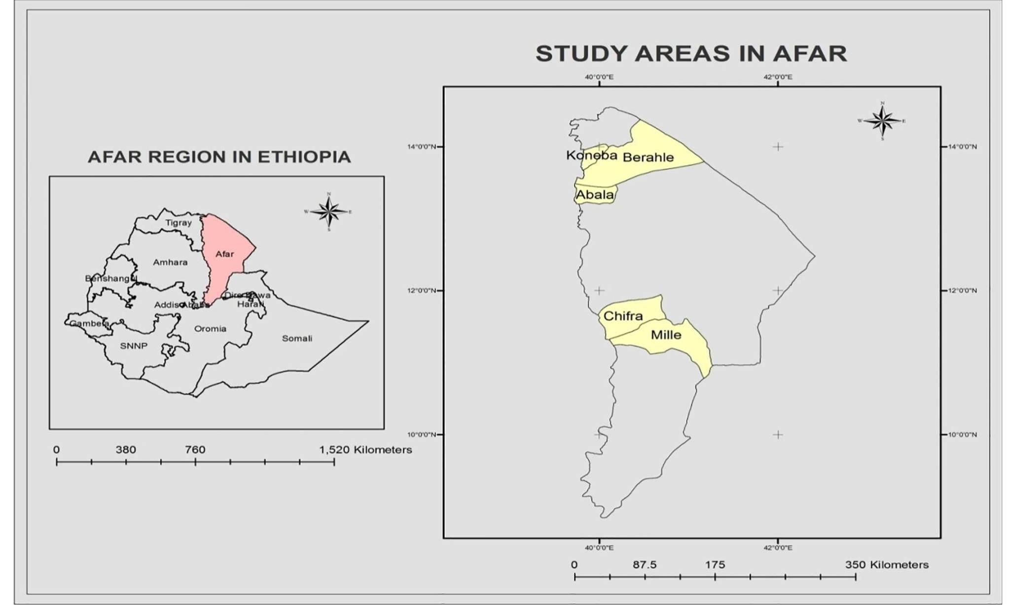 Administrative map of afar region and sampled districts.