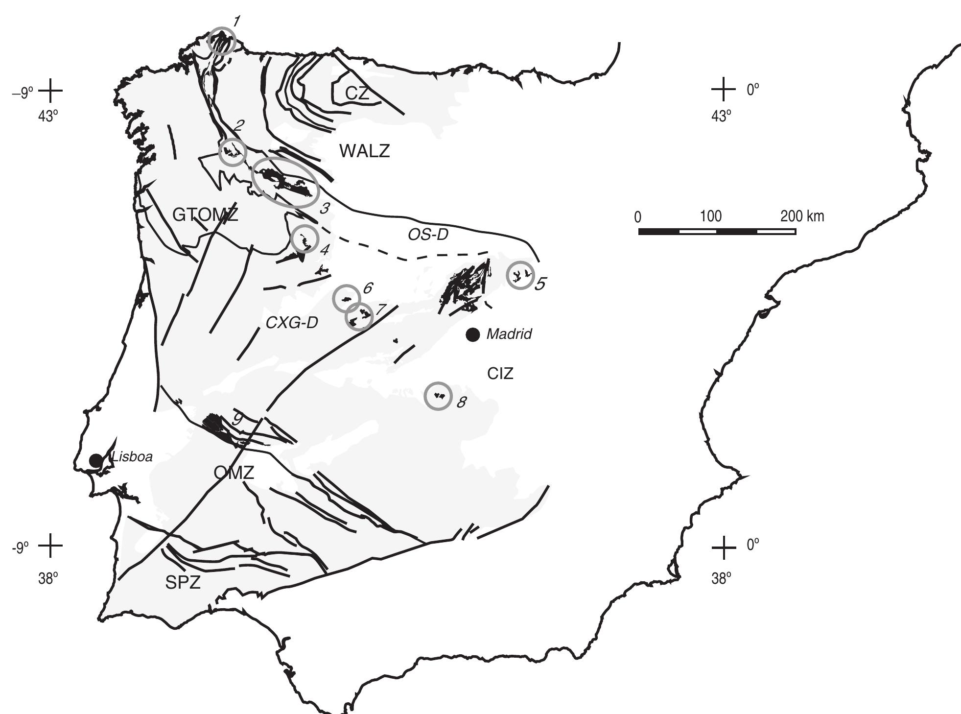 Geological map of the iberian peninsula showing the location