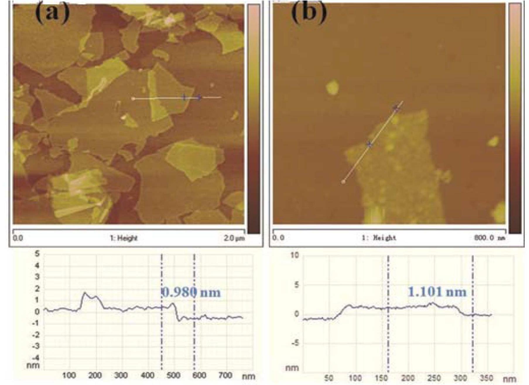 Afm images and cross-section height profile of (a) go and