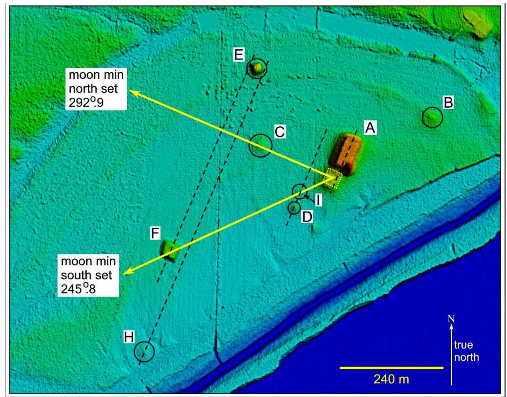 Lidar digital terrain model with lunar alignments indicated