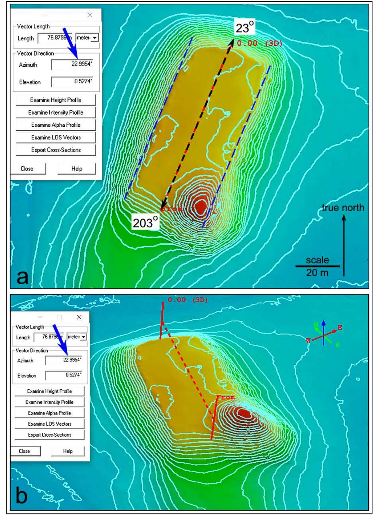 (a) lidar contour map of mound a showing azimuth of major