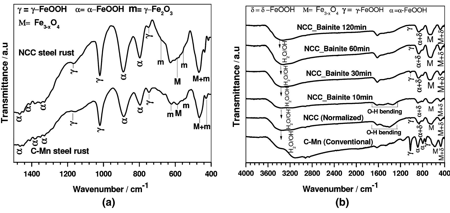 —ftir spectra of the rusts obtained from the (a) pearlitic
