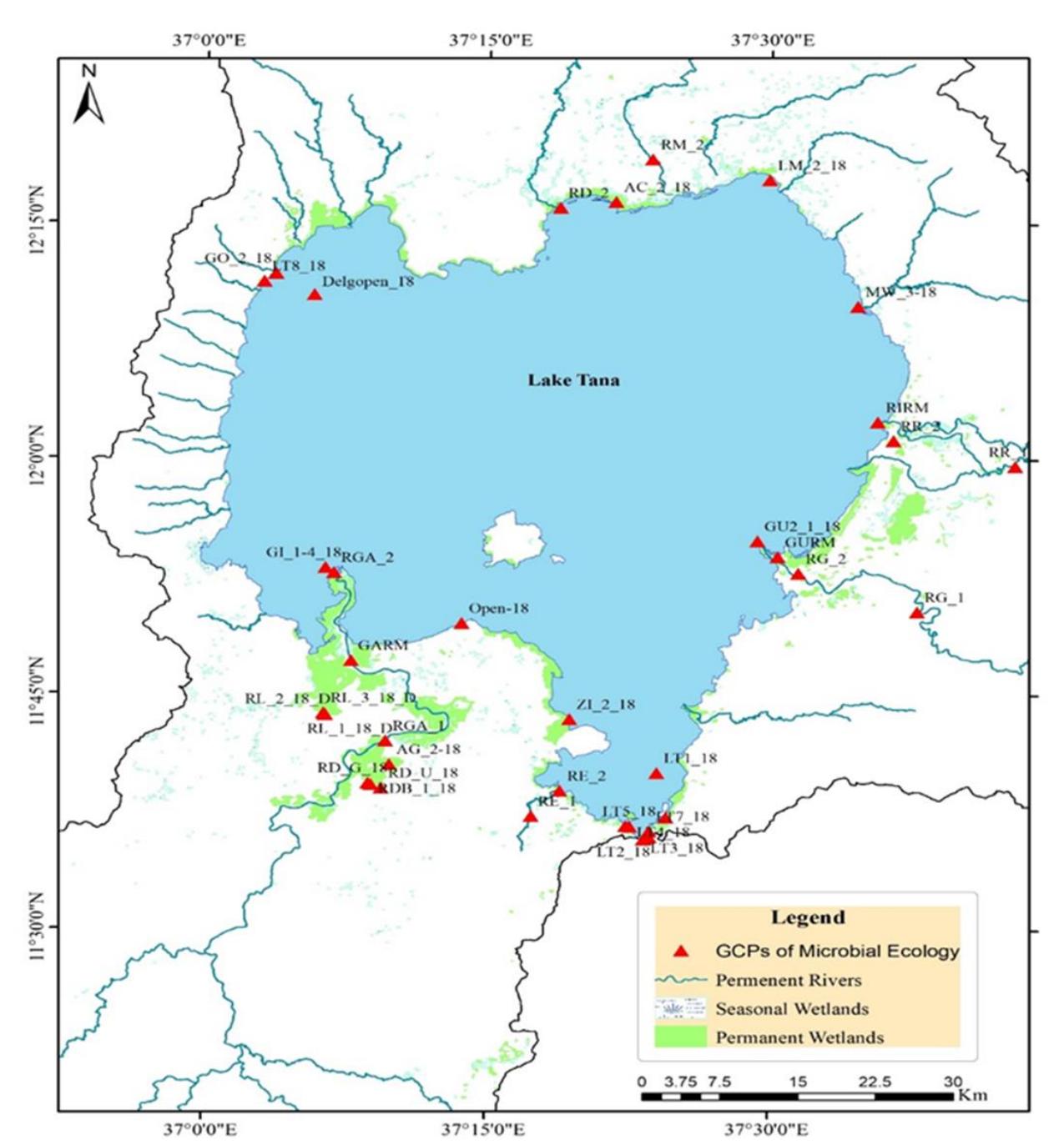Map of the lake tana basin showing sampling locations (red