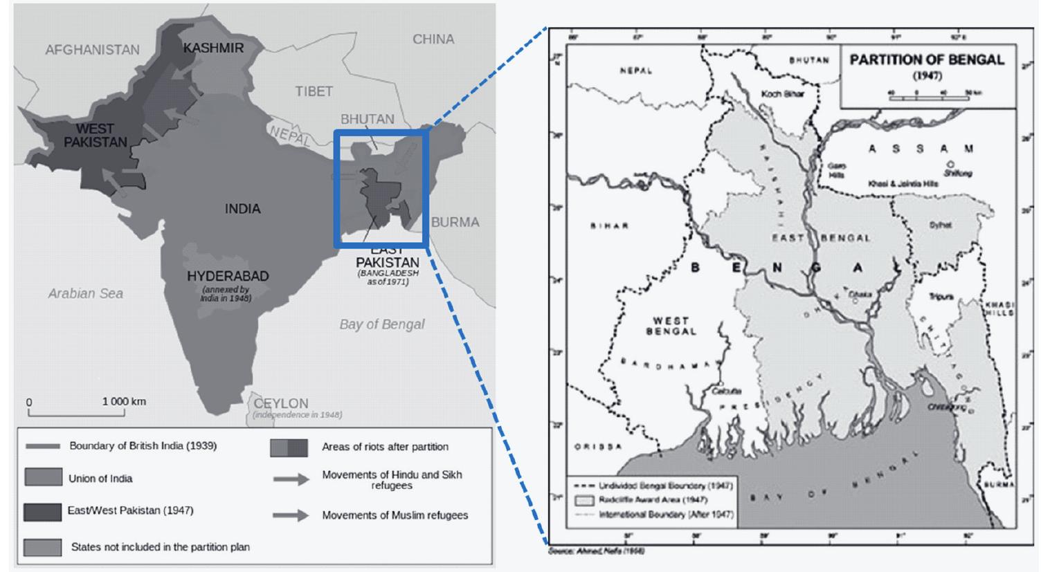 The partition of bengal in 1947. muslims fled to eastern